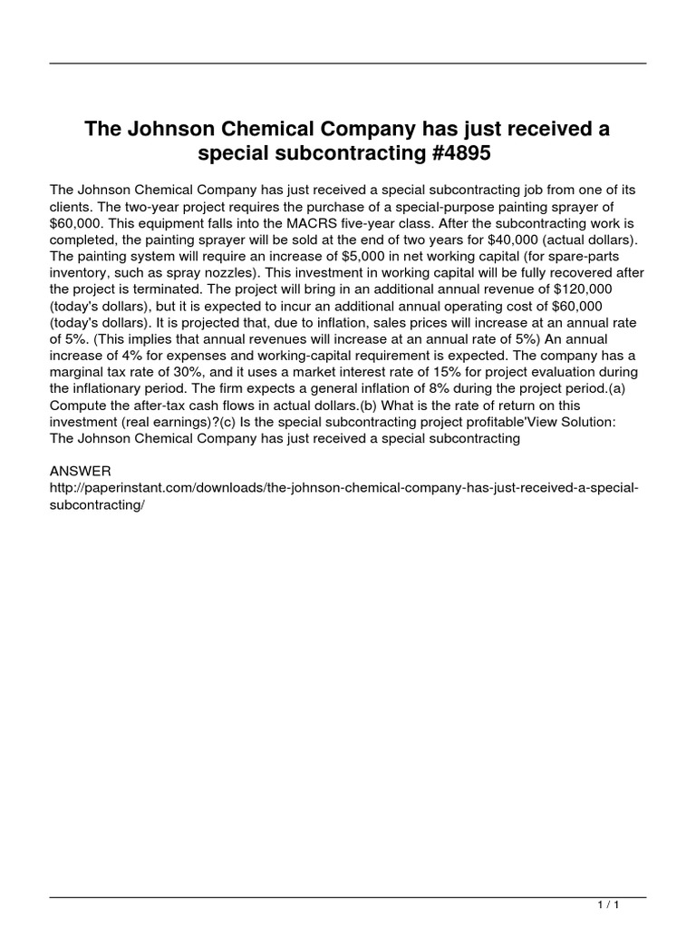 The Johnson Chemical Company Has Just Received A Special Subcontracting ...