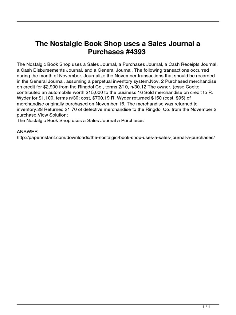 The Nostalgic Book Shop Uses A Sales Journal A Purchases | PDF