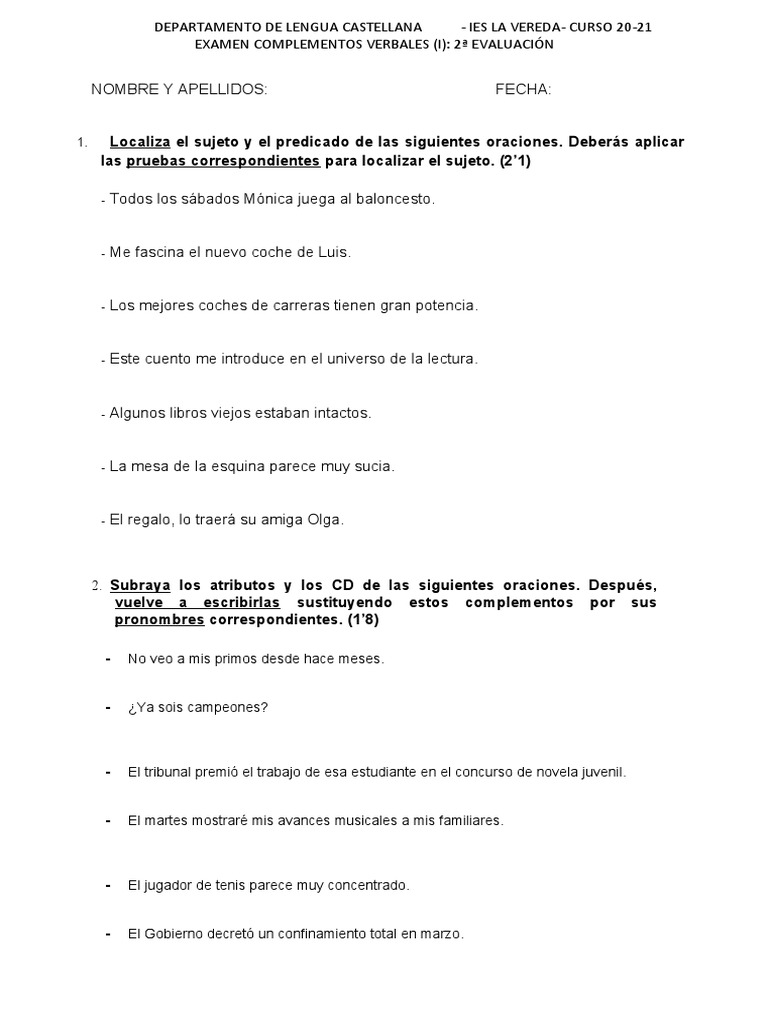 Examen Complementos 3D Sub2 | PDF | Asunto (gramática) | Pronombre