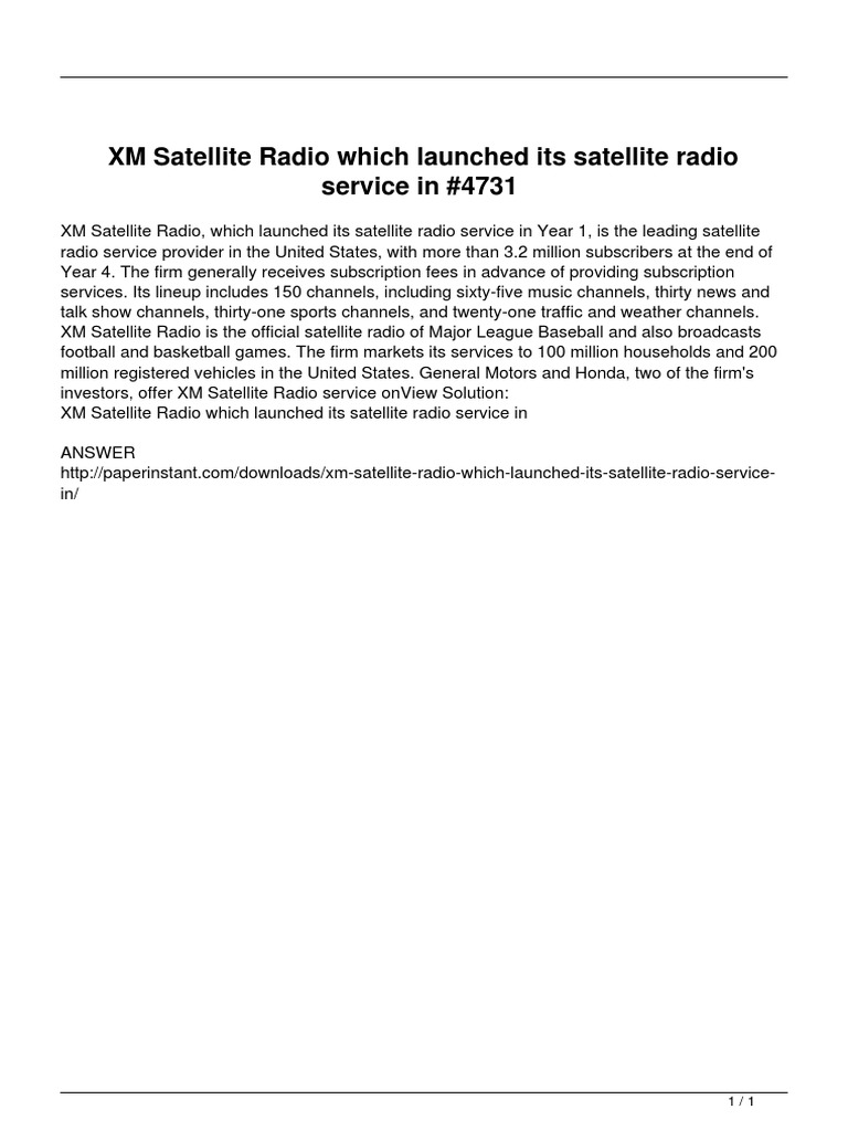 XM Satellite Radio Which Launched Its Satellite Radio Service in | PDF