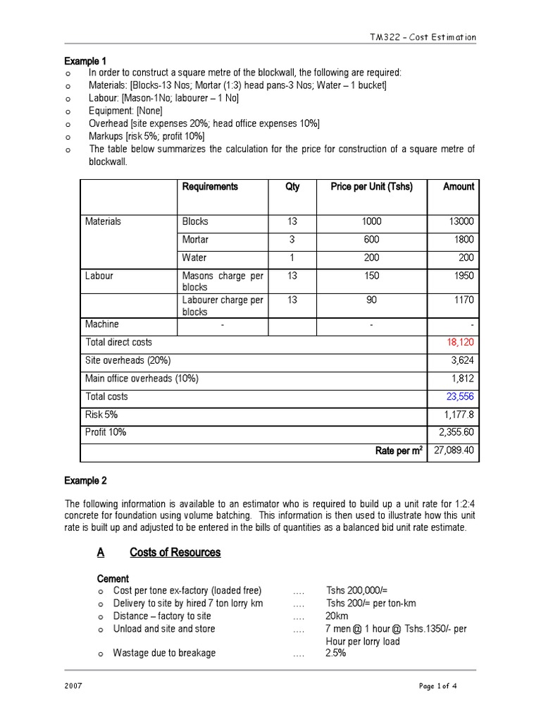 A Costs of Resources: TM322 - Cost Estimation | PDF | Concrete ...