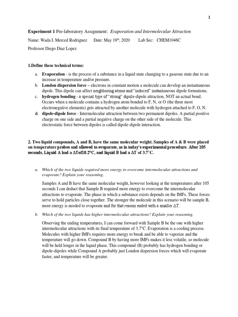 Experiment 1 Evaporation and Intermolecular Attraction | Download Free ...