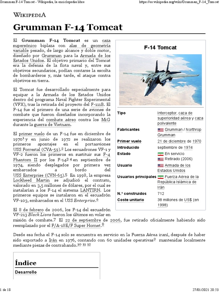 Grumman F14 Tomcat | PDF | Avión de combate | Configuraciones de ala