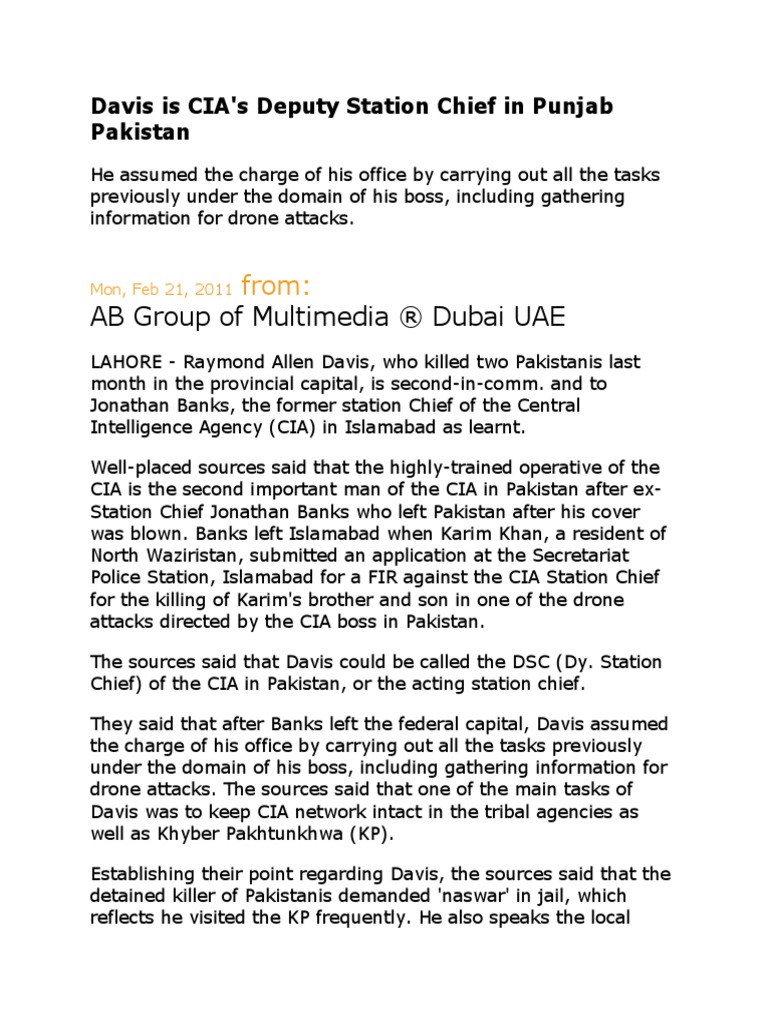 Raymond Allen Davis Is CIA Agent | PDF | Mc Lean, Virginia | Pakistan