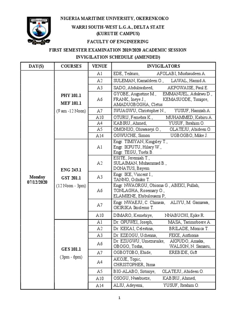 Amended Invigilation Schedule 2020 | PDF | Science And Technology ...