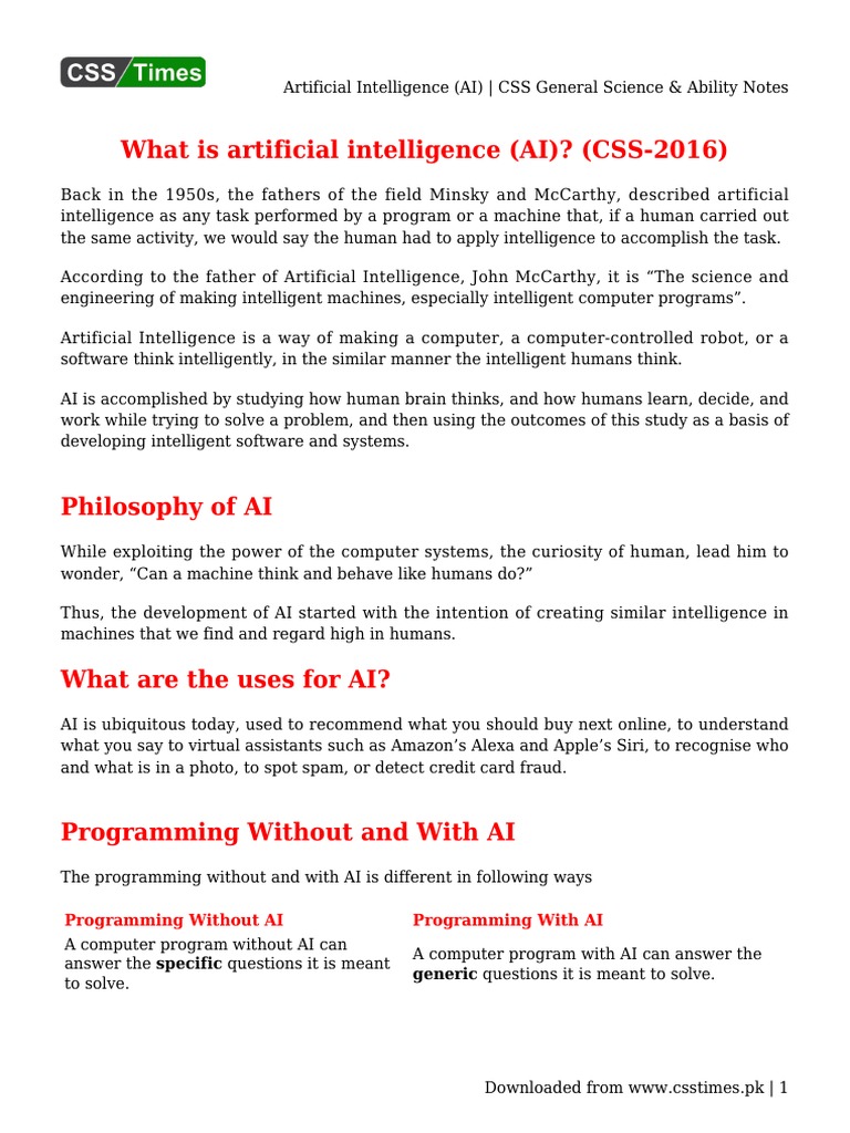 Artificial Intelligence (AI) CSS General Science & Ability Notes | PDF ...