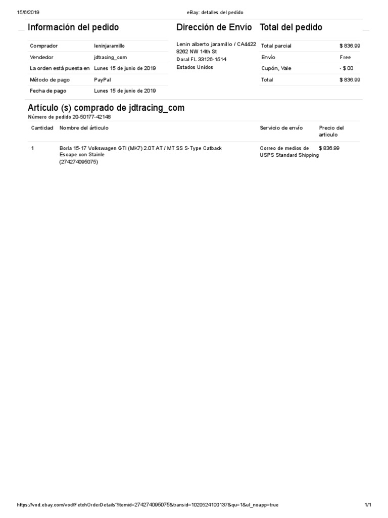 Ebay - Detalles Del Pedido | PDF