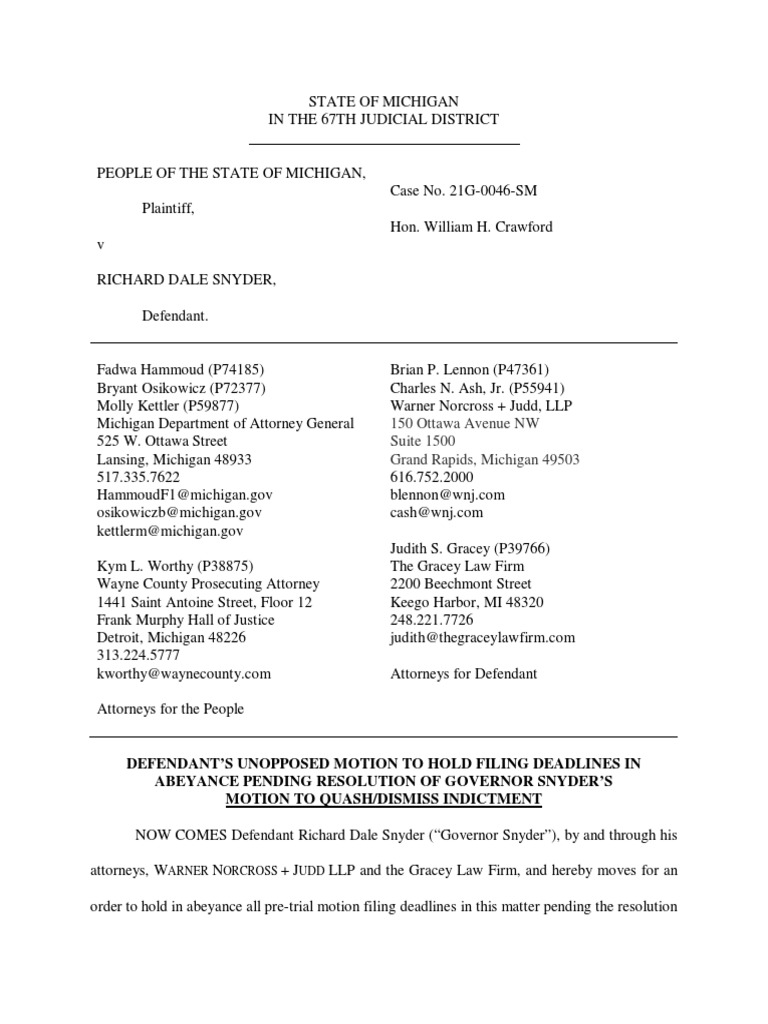 Snyder Unopposed Motion - Brian Lennon, Attorney For Former Gov. Snyder ... Snyder Unopposed Motion - Brian Lennon, Attorney For Former Gov. Snyder ...