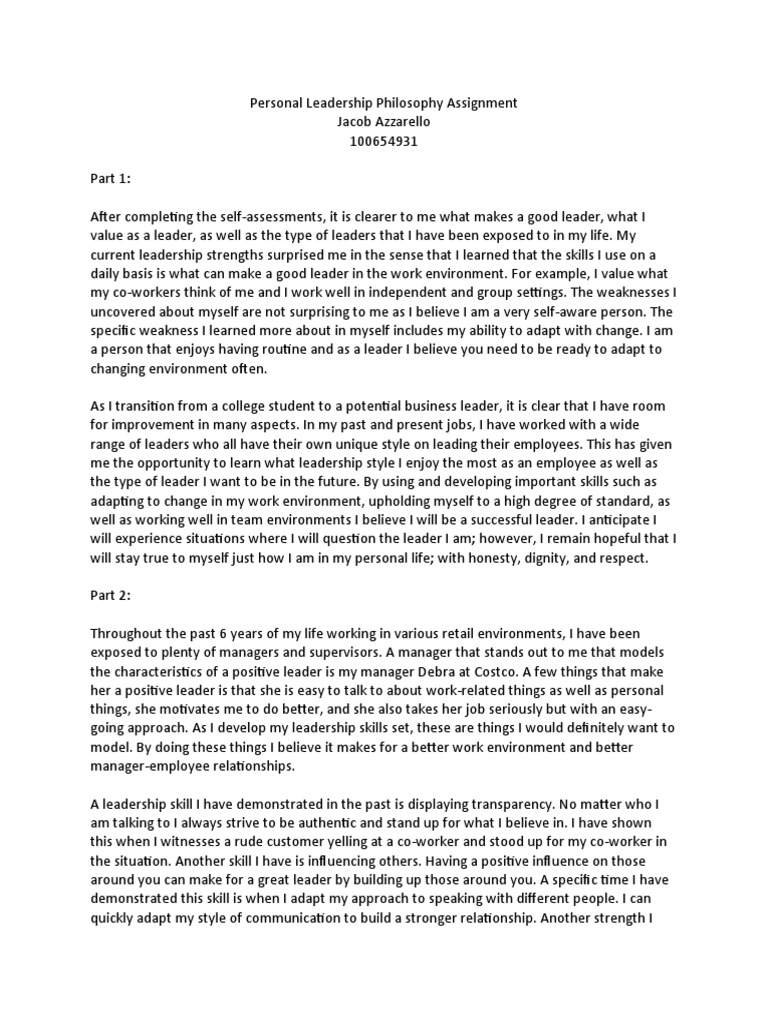 Personal Leadership Philosophy Assignment | PDF | Integrity | Leadership