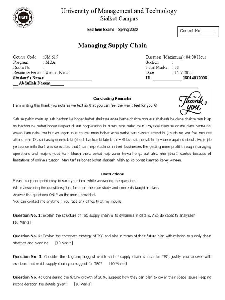 Supply Chain Management Exam Questions | PDF | Supply Chain | Financial ...
