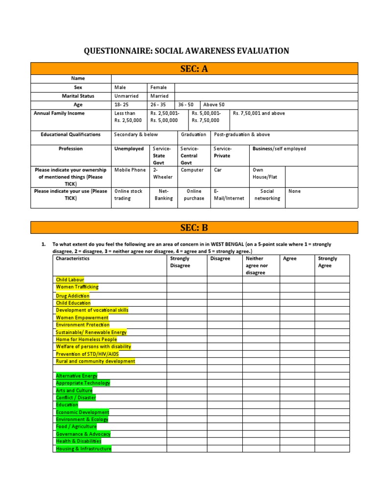 Sec: A: Questionnaire: Social Awareness Evaluation | PDF | Non ...