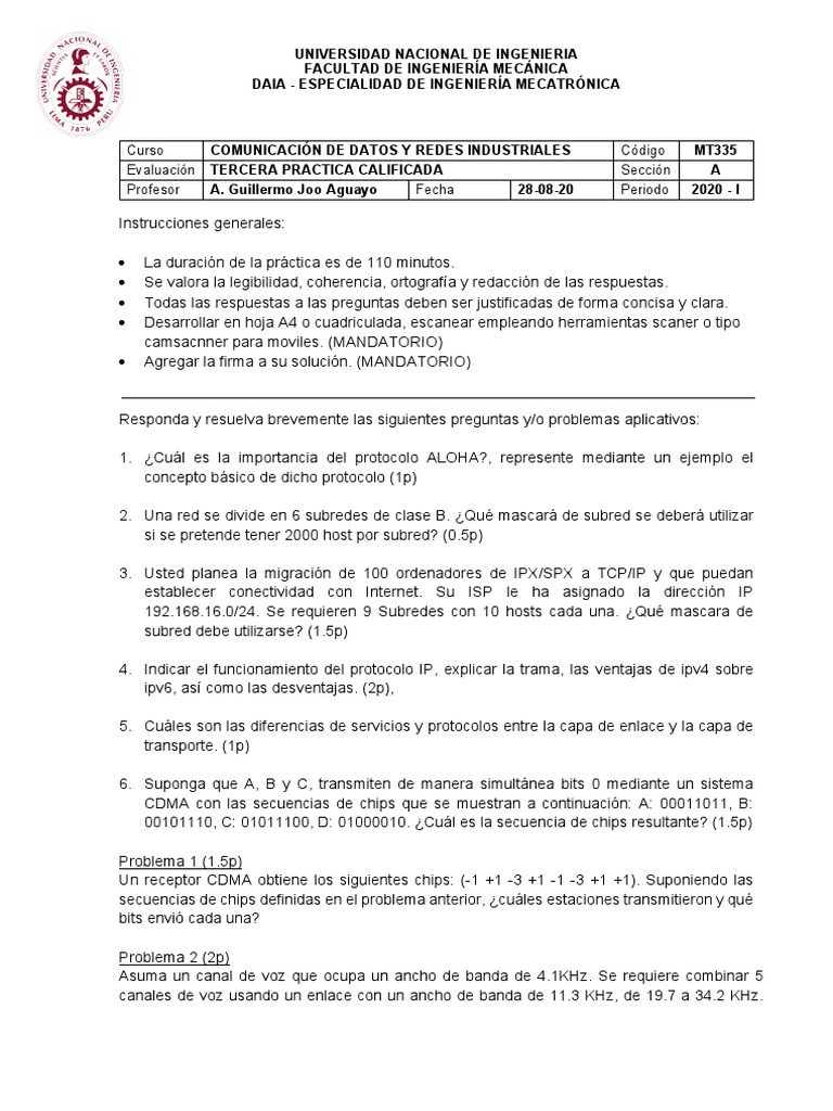 MT-335 20201 - PC3 | PDF | Dirección IP | Telecomunicaciones