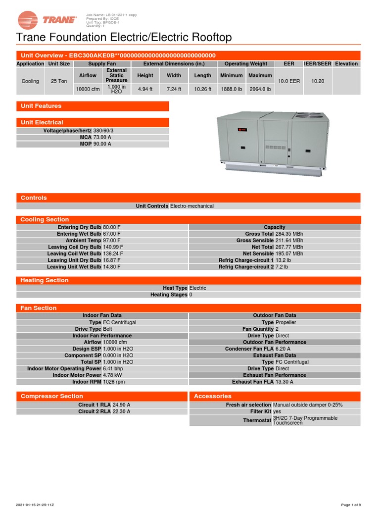 Trane 25 Ton Rooftop Unit Specifications | PDF | Thermostat | Heat ...