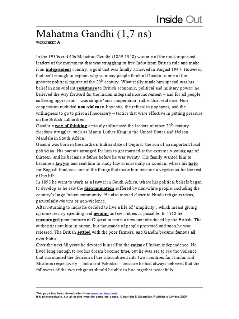 Gandhi - Students Worksheet | PDF | Mahatma Gandhi | Nonviolence