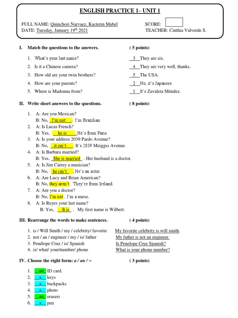 English Practice 1 - Unit 1: I. Match The Questions To The Answers. (5 ...