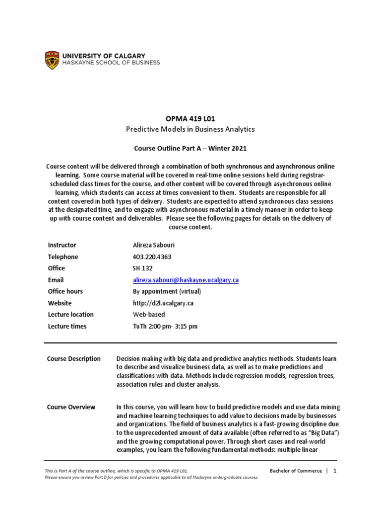 OPMA 419 Course Outline | PDF | Analytics | Statistical Classification