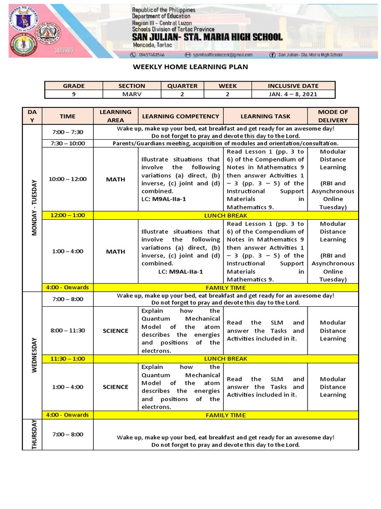 Weekly Home Learning Plan: Grade Section Quarter Week Inclusive Date | PDF | Applied And ...