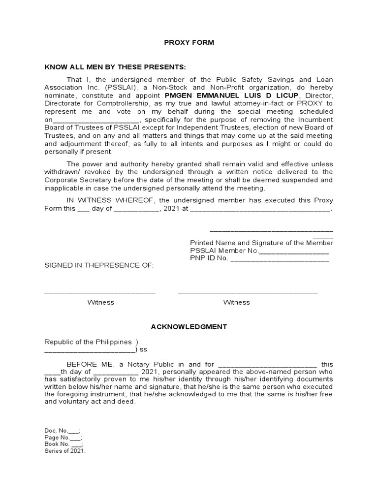 PSSLAI Proxy Form Guidelines 2021 | PDF | Proxy Voting | Notary Public