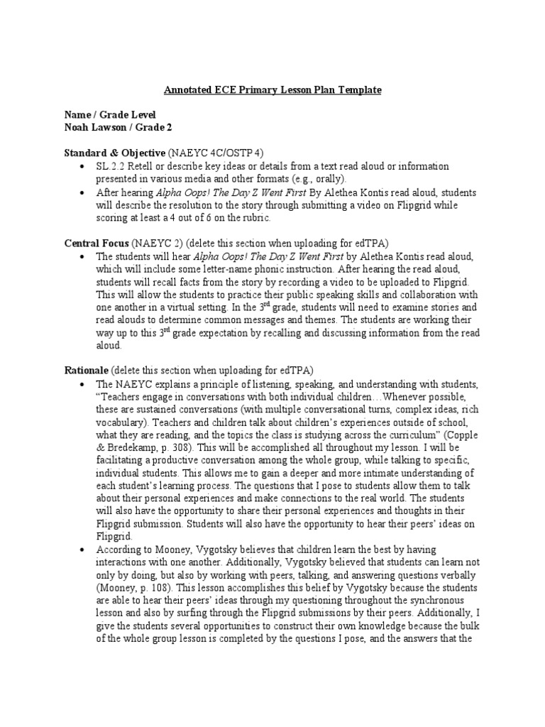 Annotated ECE Primary Lesson Plan Template Name / Grade Level Noah ...