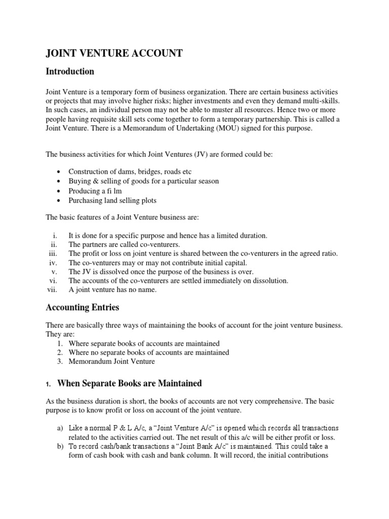 Joint Venture Account Handout | PDF | Joint Venture | Debits And Credits