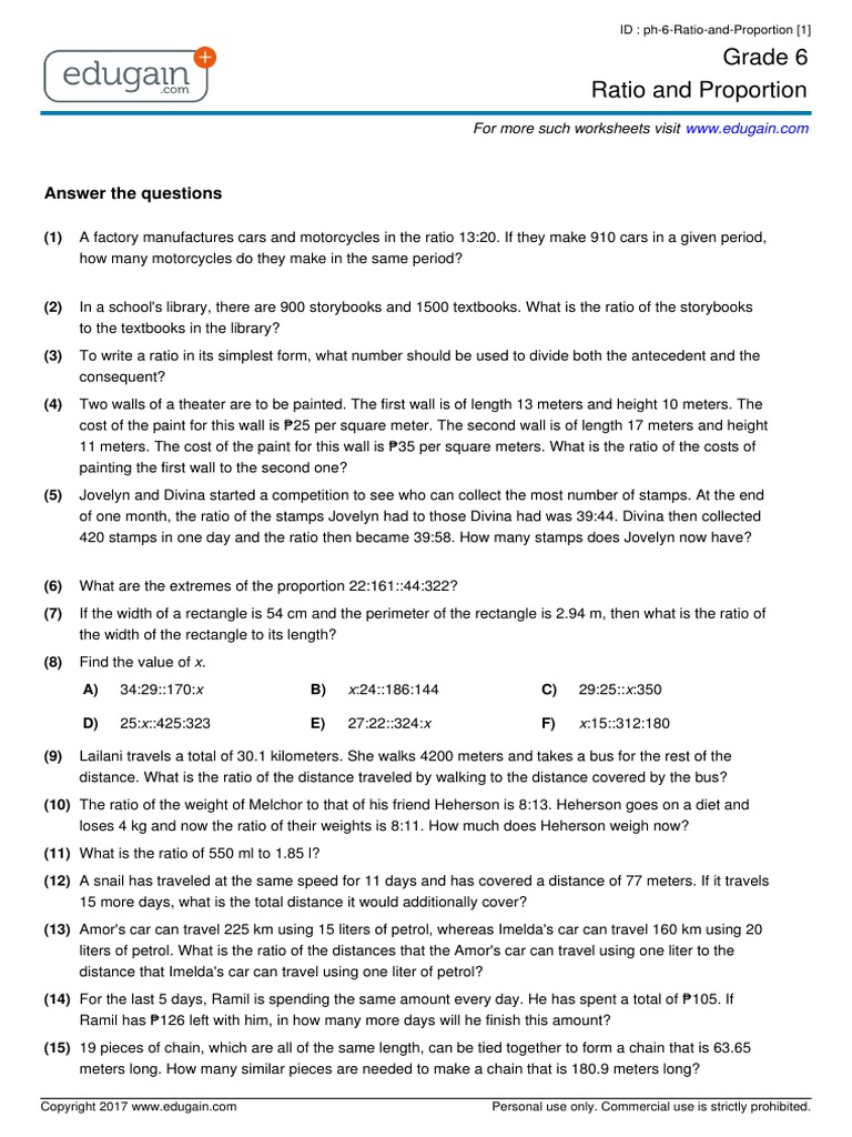 Grade 6 Ratio and Proportion: Answer The Questions | PDF | Arithmetic ...