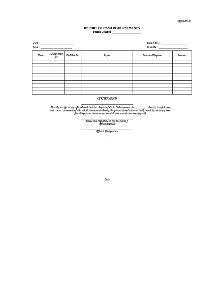 Appendix 39 - Report of Cash Disbursements | PDF