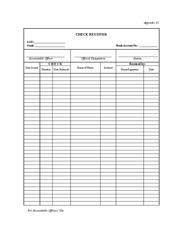 Check Register Template - Appendix 41 | PDF