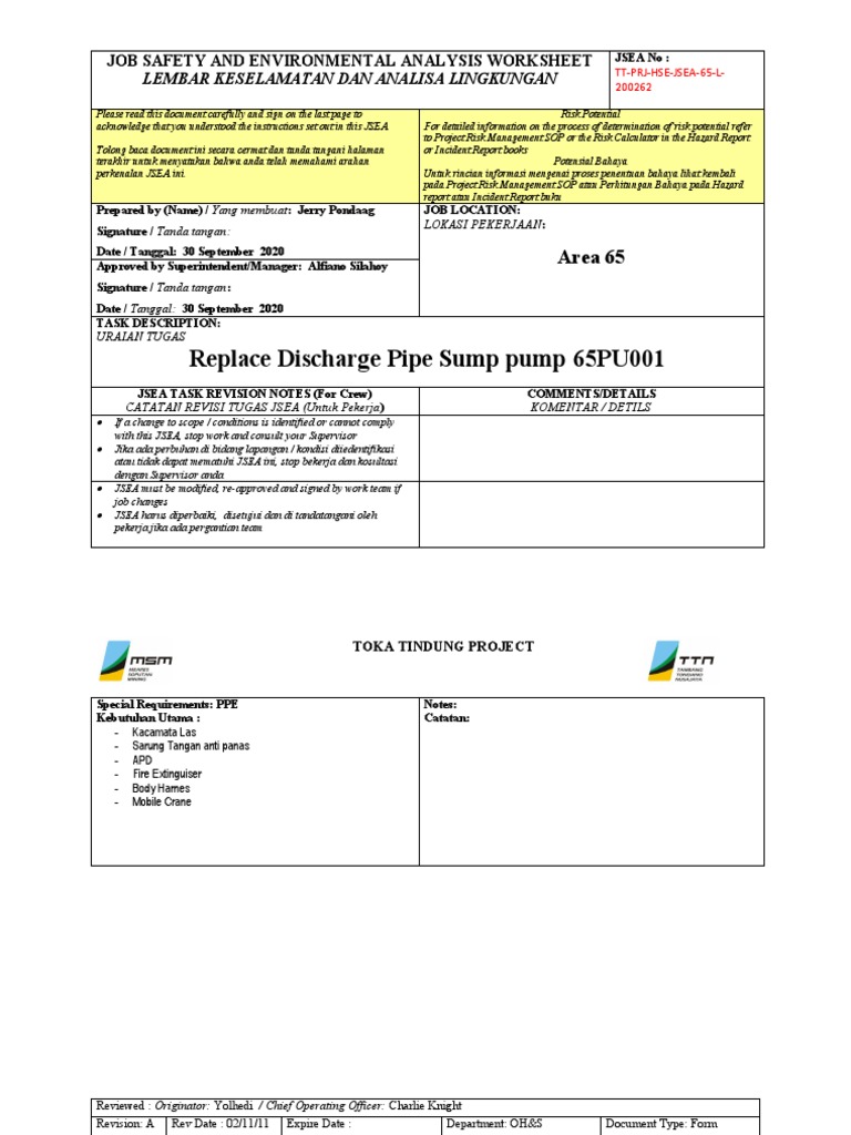 TT-PRJ-HSE-JSEA-65-L-200262 Replace Discharge Pipe Sum Pump 65PU001 ...