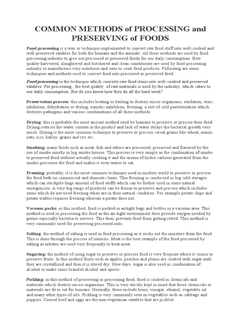 COMMON FOODS PROCESSING METHODS | PDF | Food Preservation | Food Processing