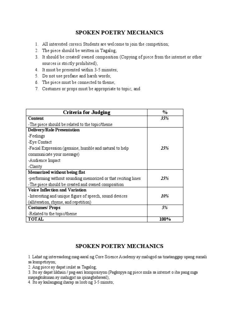 Spoken Poetry Contest Criteria | PDF | Poetry | Linguistics