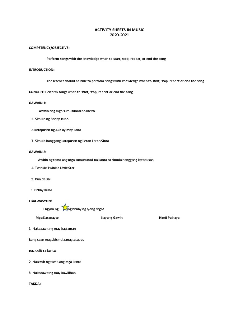 Music Activity Sheets 6 1 | PDF