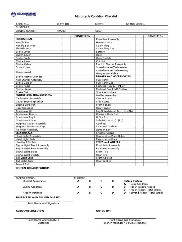 Motorcycle Condition Checklist Malayan | PDF | Carburetor | Automotive ...