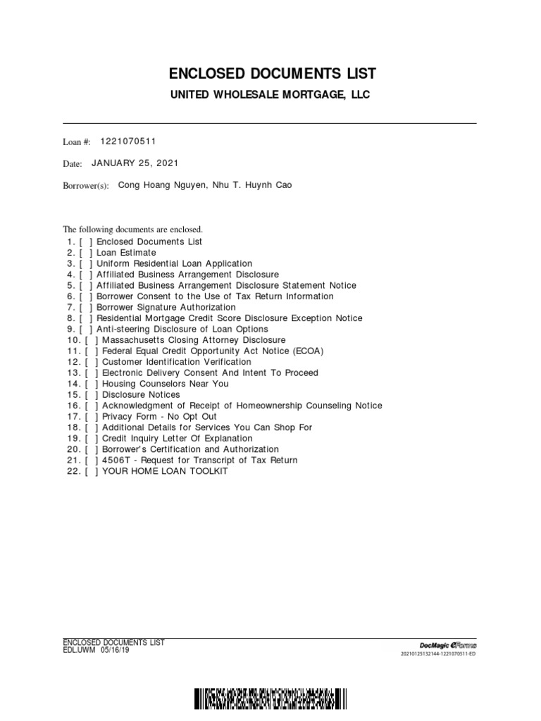 Enclosed Documents List: United Wholesale Mortgage, LLC | PDF | Loans ...