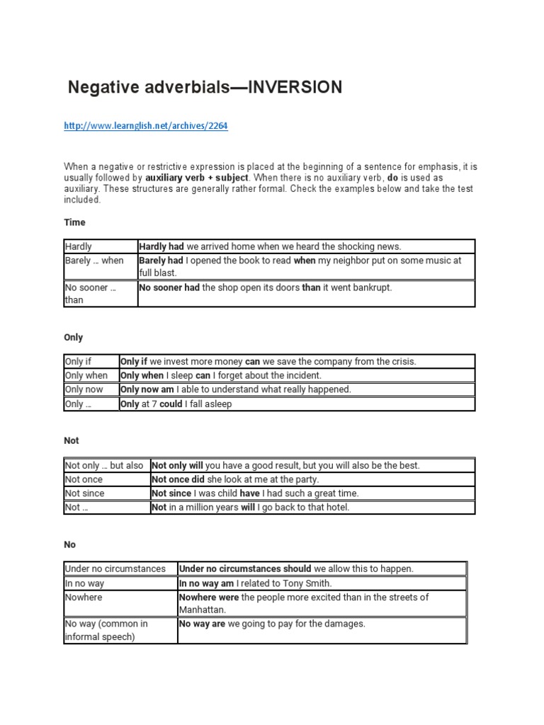 Negative Adverbials: - Inversion | PDF | Adverb | Verb