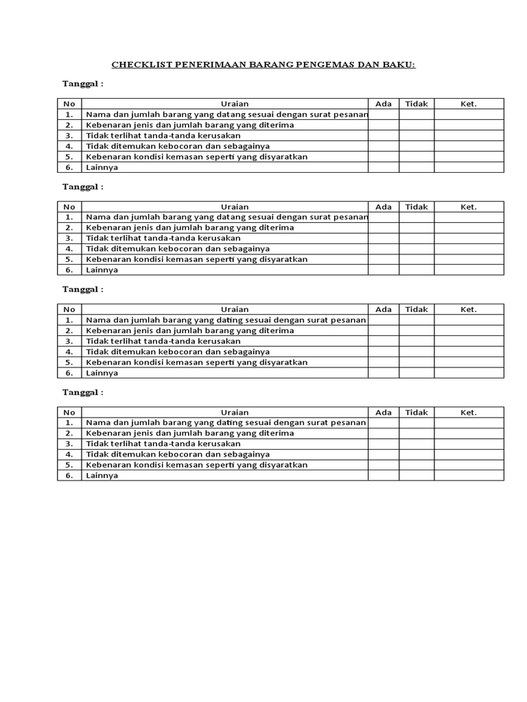 Checklist Penerimaan Barang Pengemas Dan Baku | PDF