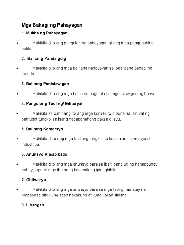 Mga Bahagi NG Pahayagan | PDF