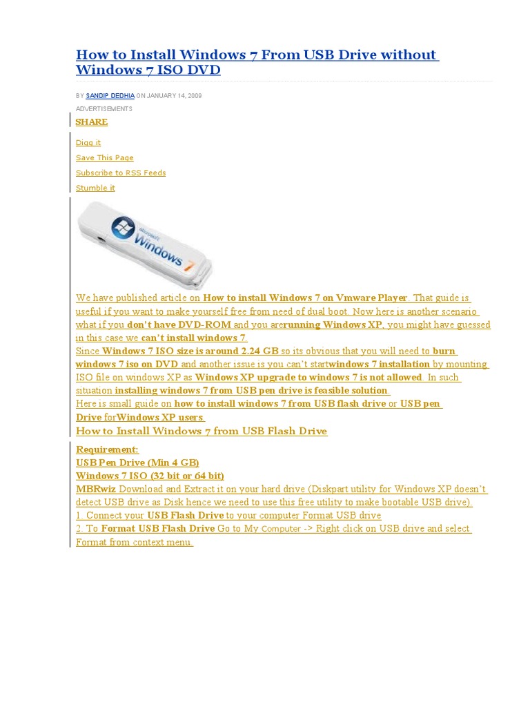 How To Install Windows 7 From USB Drive Without Windows 7 ISO DVD | PDF