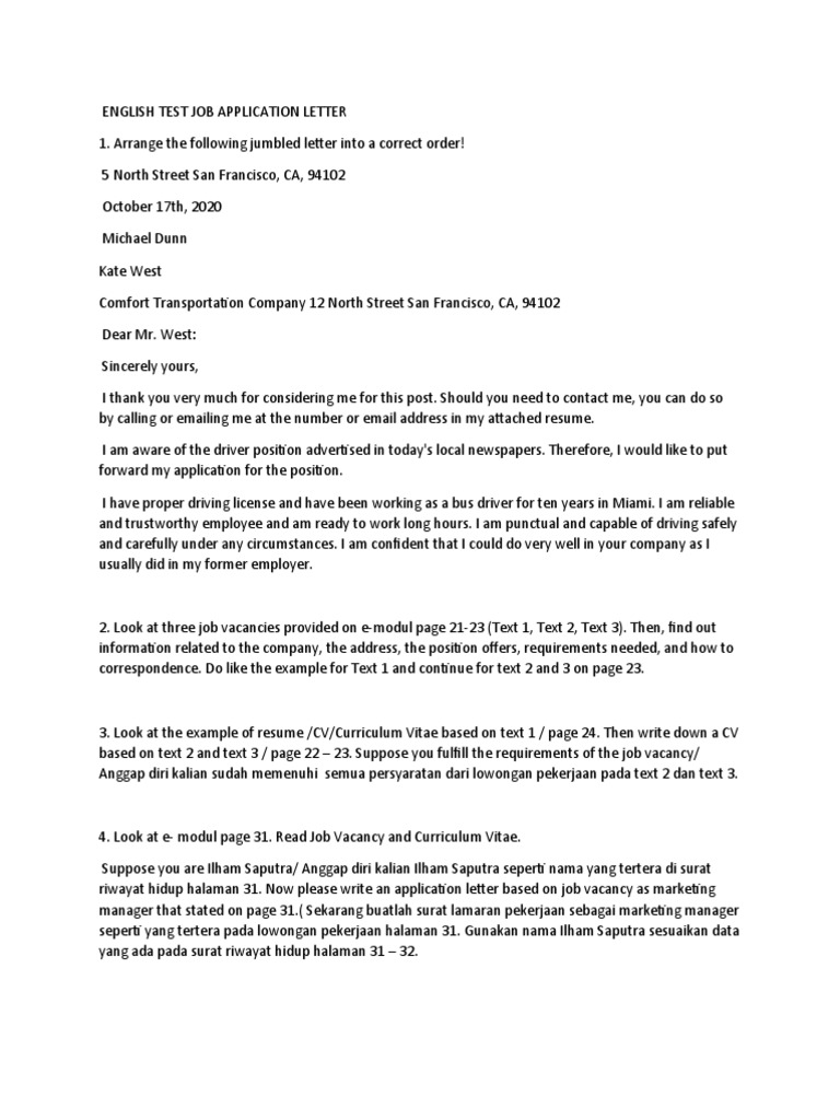 English Test Job Application Letter | PDF