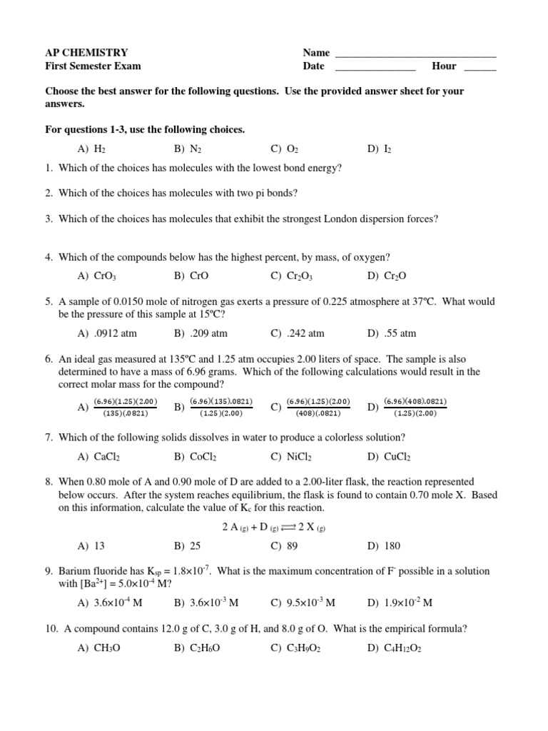 AP Chemistry First Semester Exam Guide | PDF | Gases | Chemical Bond