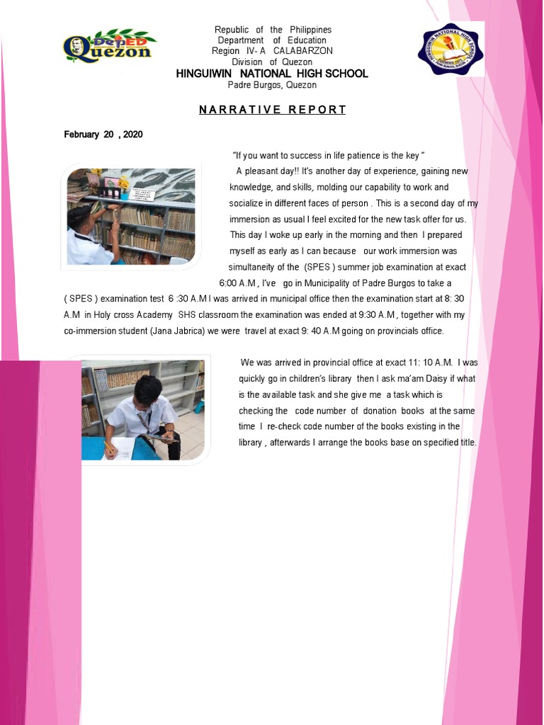 Hinguiwin National High School Narrative Report | PDF | Human Nature