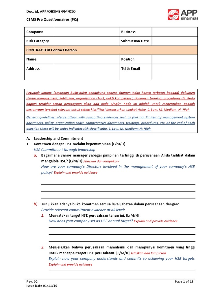 App - Ohsms - FM - 020 Csms PQ Questionnaries Rev 02 | PDF