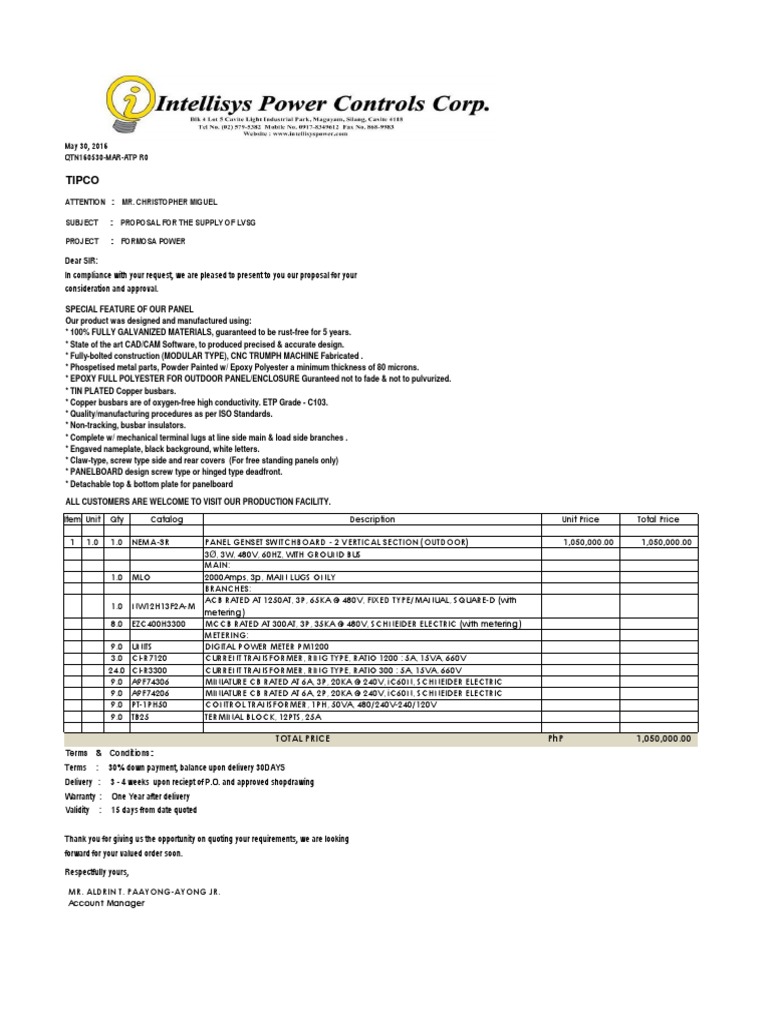 LVSG Sample Quotations | PDF | Electrical Engineering | Electricity