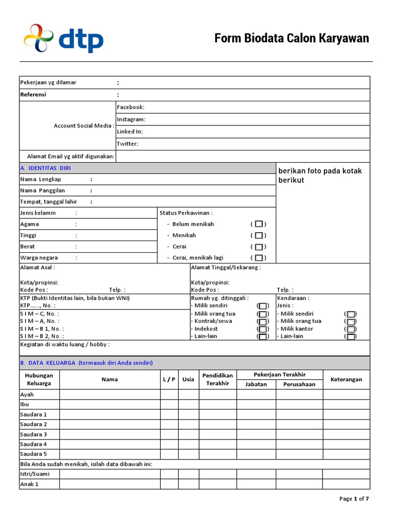 Form Biodata Pelamar Kerja | PDF