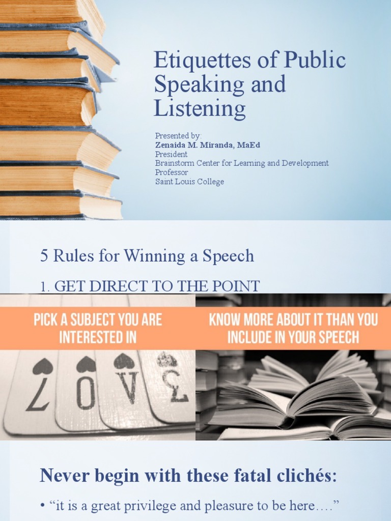 Etiquettes of Public Speaking and Listening | PDF | Self-Improvement