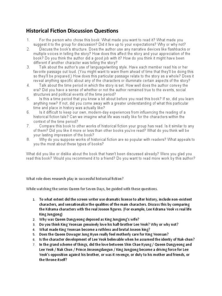 Historical Fiction Book Club Questions | PDF | Narrative | Books