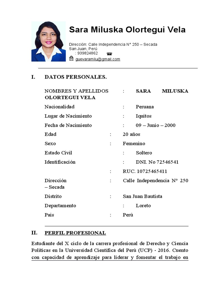 CURRICULUM VITAE - Sara Miluska Olortegui Vela | PDF | Derecho penal | Perú