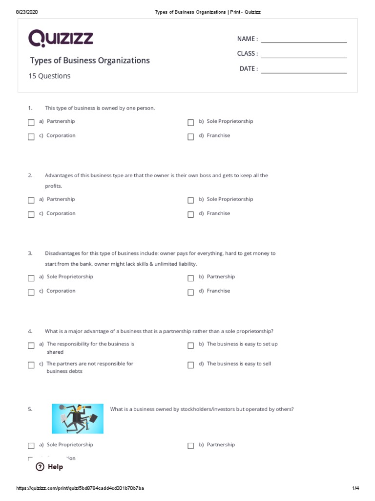 Types of Business Organizations - Print - Quizizz1 | Download Free PDF ...