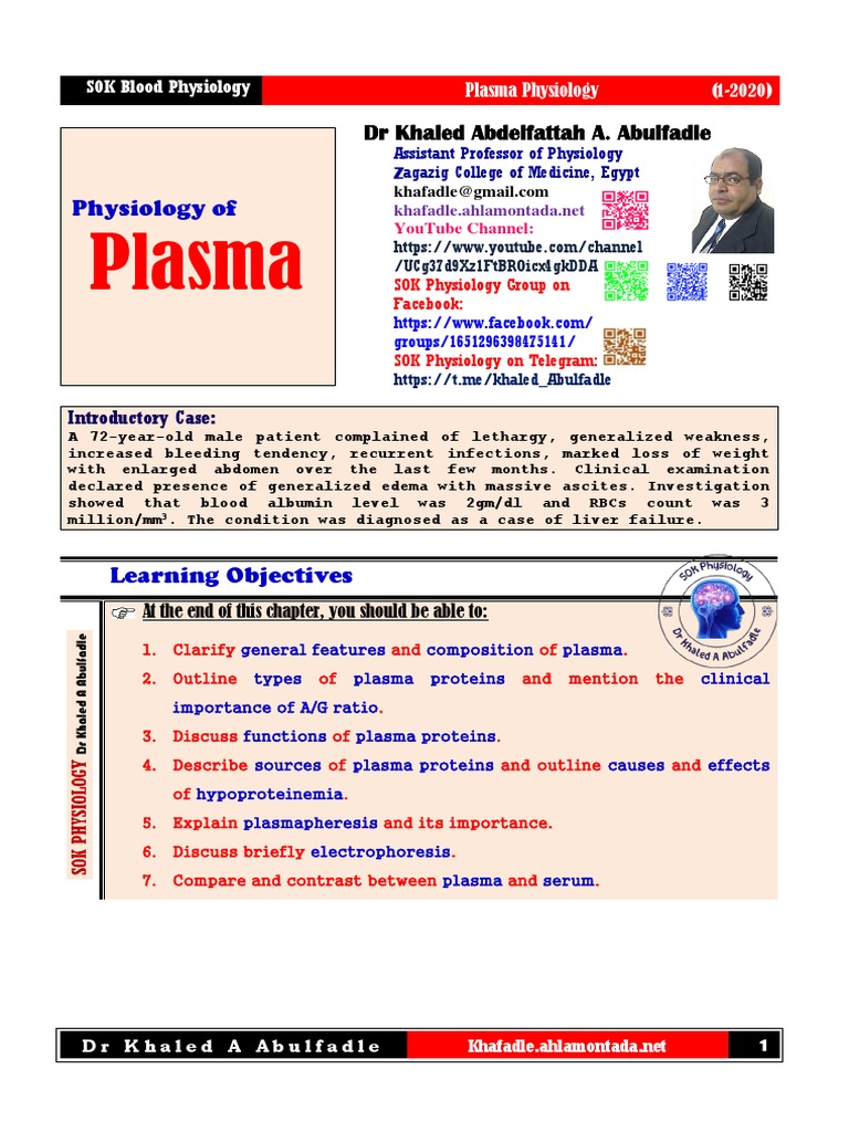Plasma Physiology 1 2020 By Dr Khaled A Abulfadle Pdf Blood