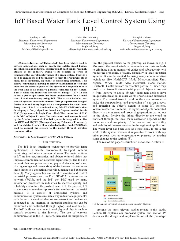 Iot Based Water Tank Level Control System Using PLC | PDF | Internet Of ...