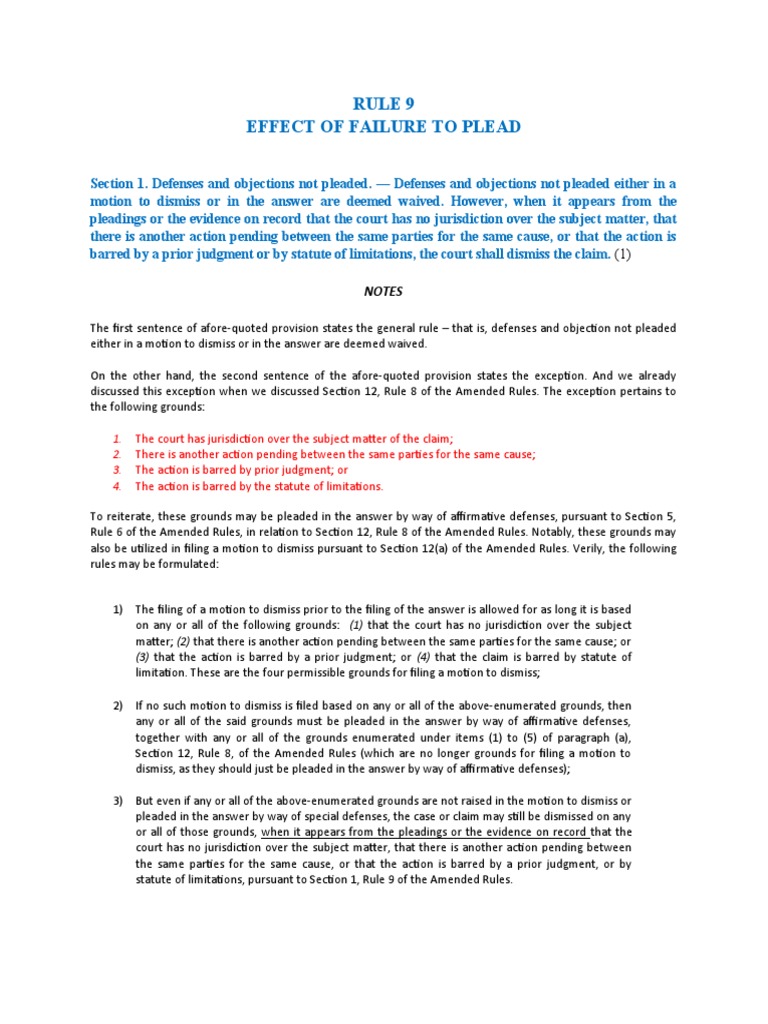 Rule 9 Effect of Failure To Plead: Notes | PDF | Pleading | Affirmative ...